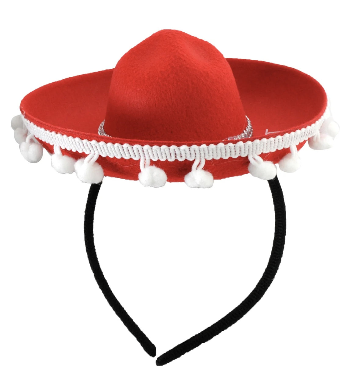 RED SOMBRERO HEADBAND WITH WHITE POM POMS