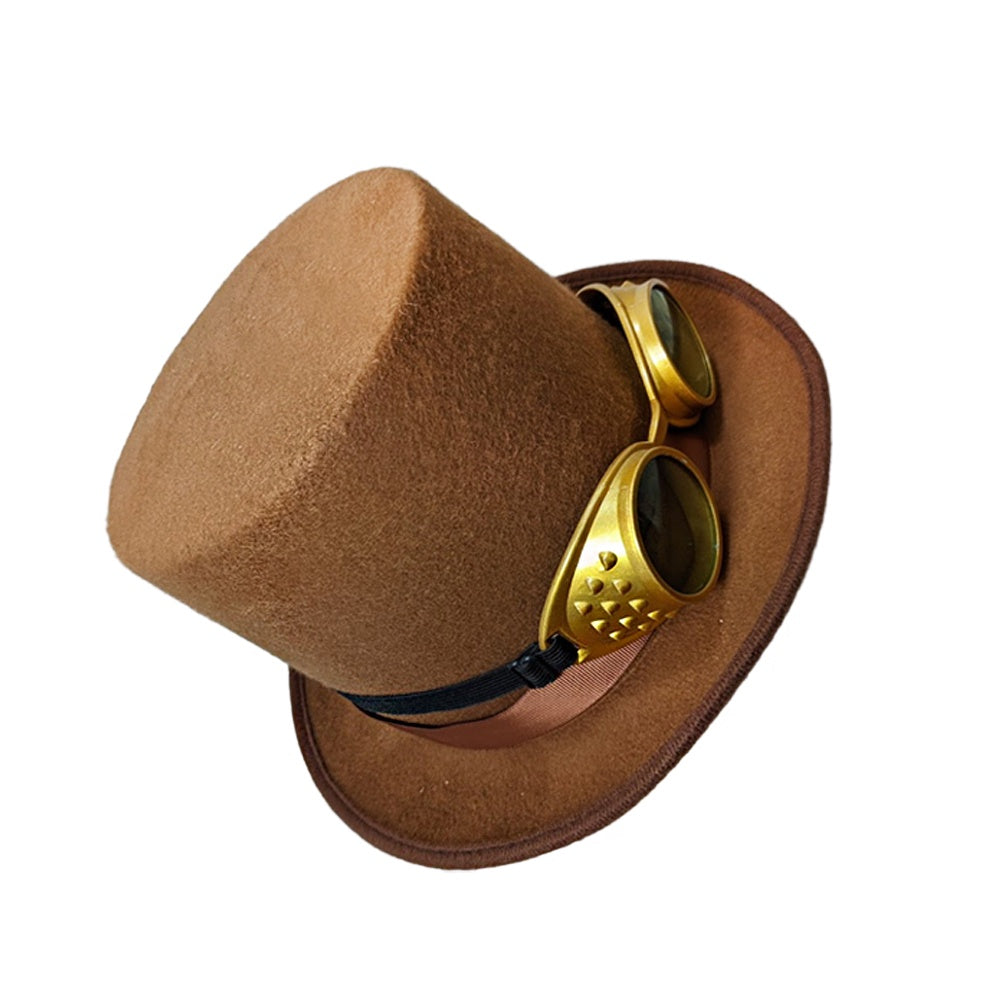 BROWN TOP HAT WITH GOGGLES