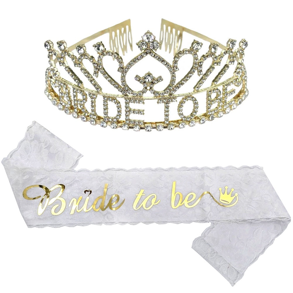 GOLD BRIDE TO BE TIARA W/ DISMANTE W/ WHITE LACY SASH IN PVC BOX