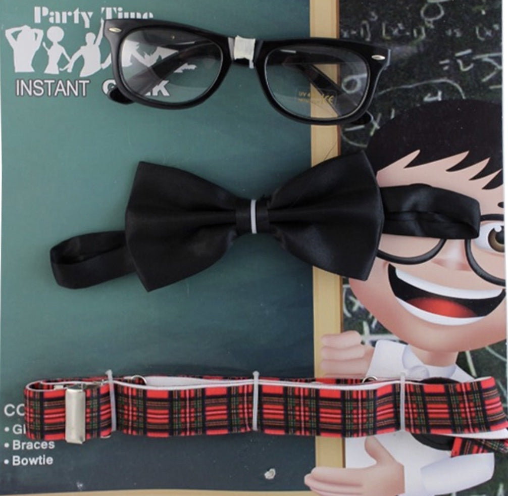Instant Nerd Glasses Bow Tie and Suspenders Kit