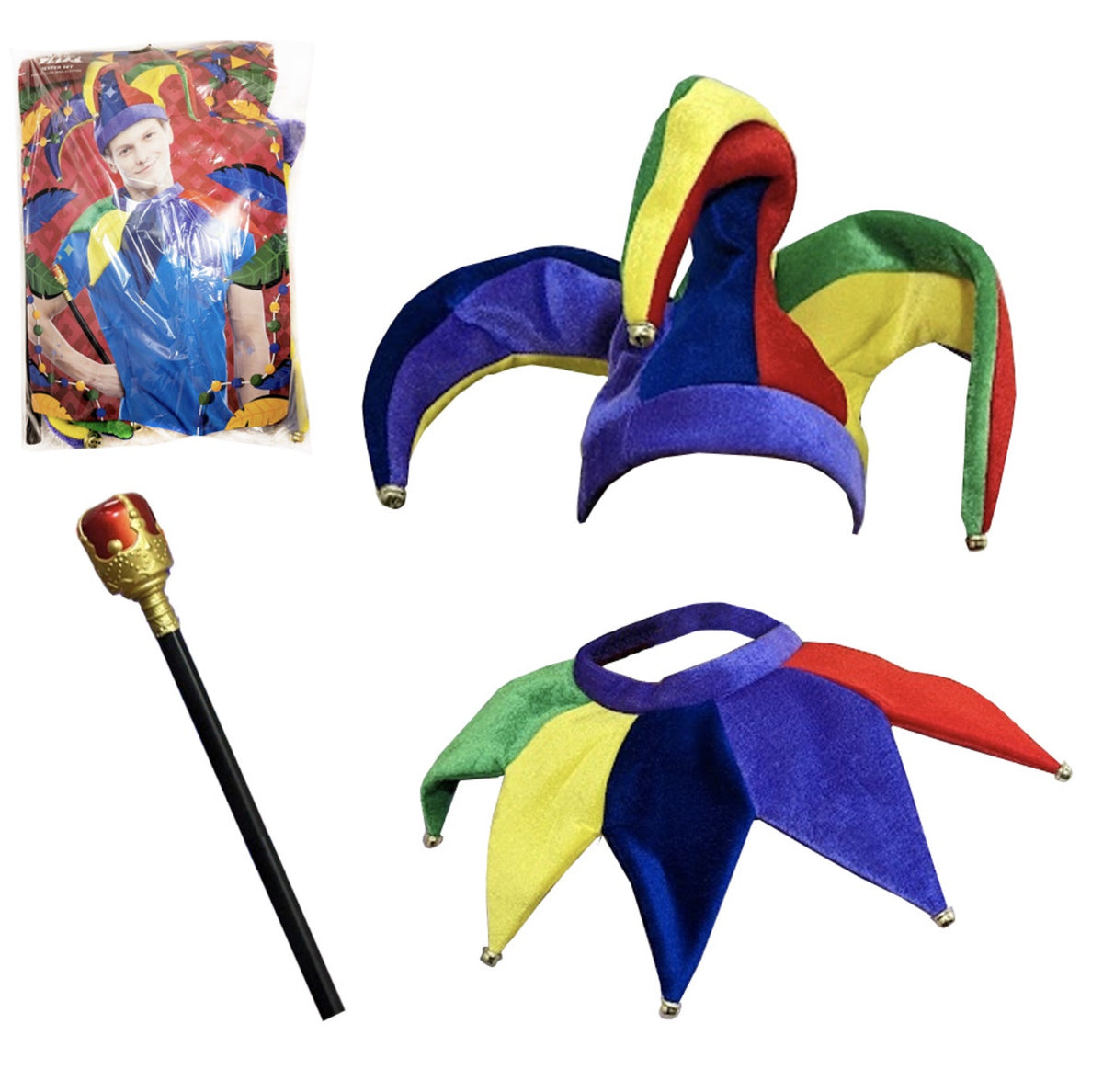 JESTER SET, HAT, COLLAR PIECE, SCEPTRE