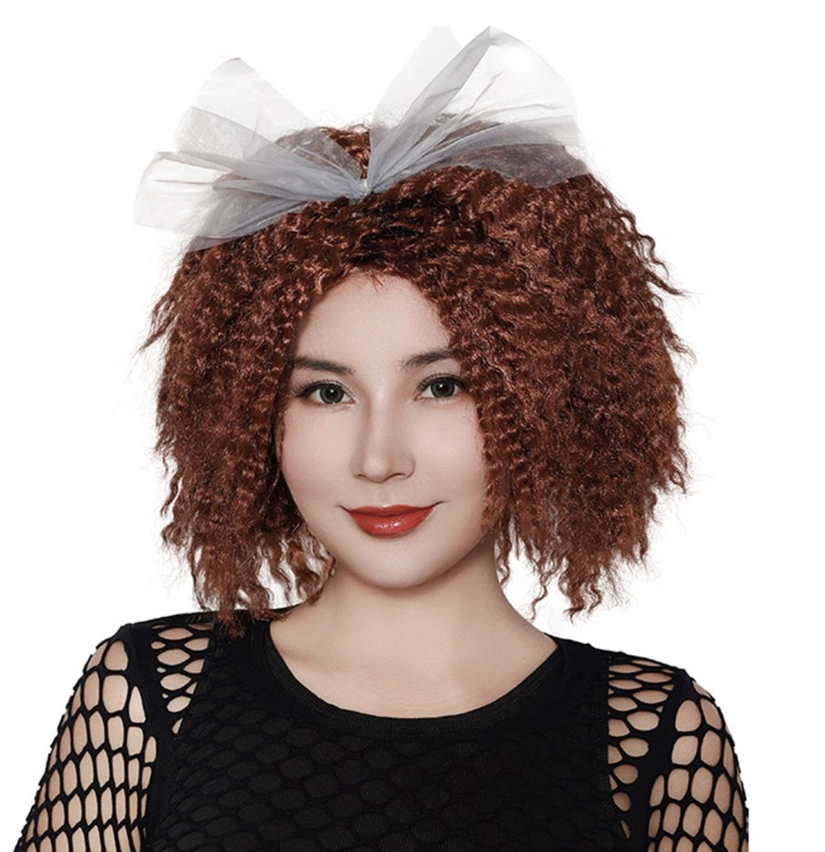 80S FEMALE BROWN POP STAR WIG W/WHITE BOW