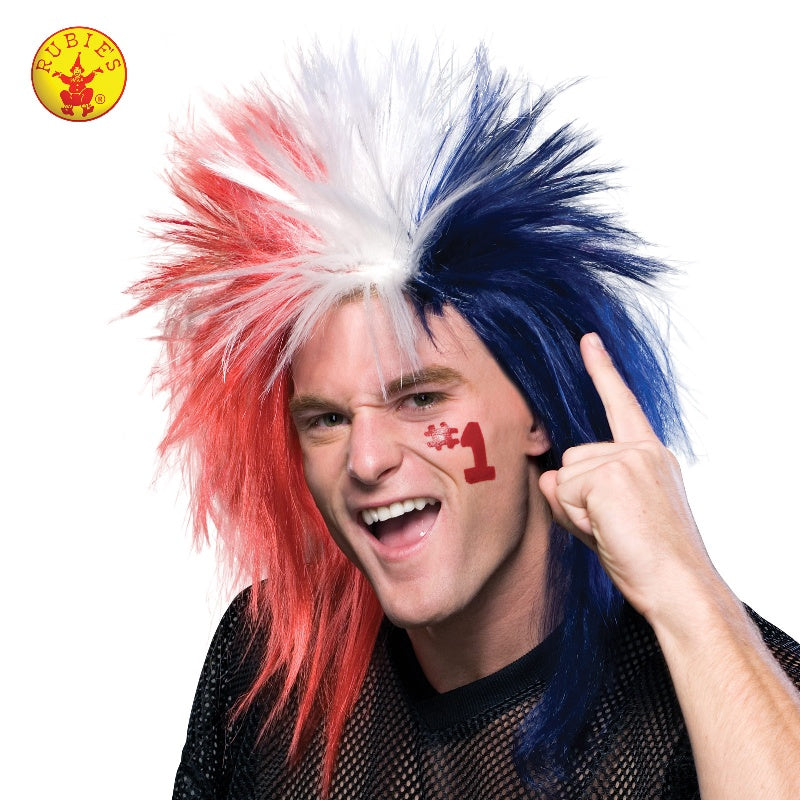 SPORT FANATIC RED/BLUE/WHITE WIG - ADULT